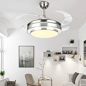 Lighting Groups 42 Inch Invisible Ceiling Fan 3-Color Lights Remote Control Retractable Blades Fandelier for Living Room Dining Room Reversible Fan Indoor Lights (Chrome-02)