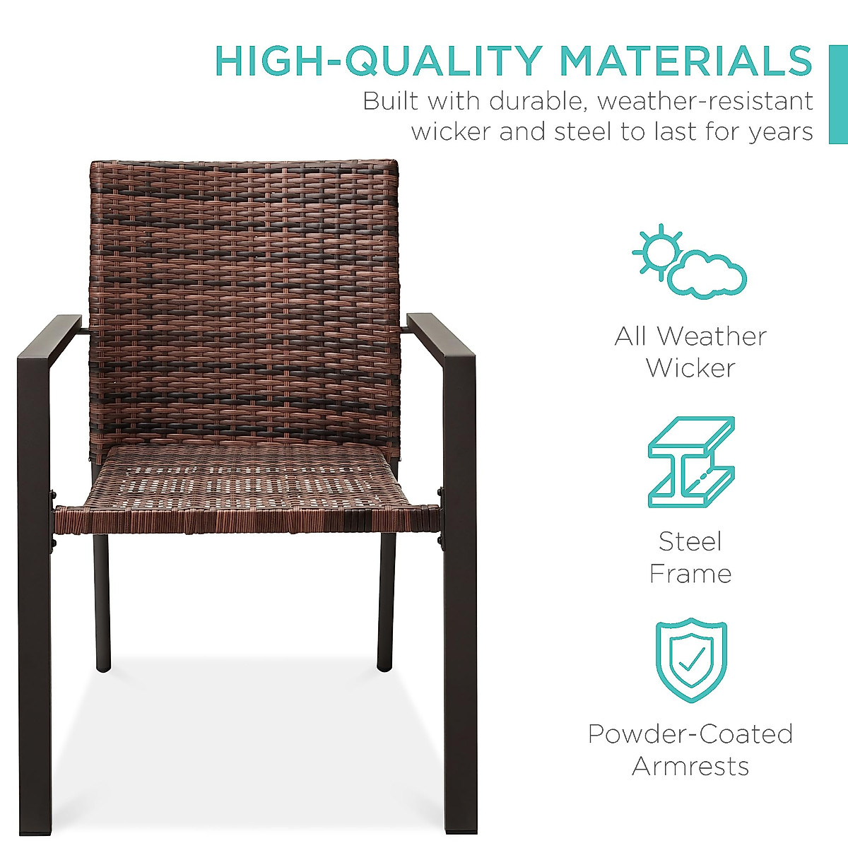 Best Choice Products Set of 2 Stackable Outdoor Wicker Dining Chairs All-Weather Firepit Armchair w/Armrests, Steel Frame for Patio, Deck, Garden, Yard - Light Brown