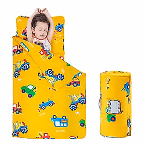 Rossison Nap Mat with Pillow and Blanket 100% Cotton with Microfiber Fill, Padded Sleeping Mat, for Daycare Preschool Toddler Prek Boys Kids (Tractor, Standard-50 x20)
