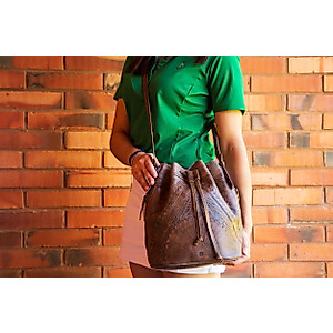 Womens Drawstring Bucket Bag, Genuine Leather Crossbody Bag, Hand tooled, Dark Brown, Handmade Leather Purse