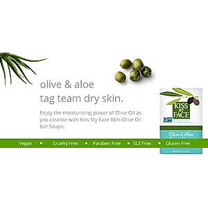 Kiss My Face Pure Olive Oil Soap with Aloe Vera, Moisturizing Bar Soap, 8 oz Bars, Olive & Aloe, 64 Ounce (Pack of 8)