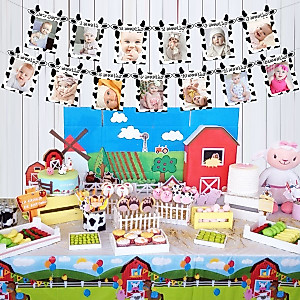 JOYMEMO 13PCs Cow 12 Month Photo Banner - 1st Birthday Baby Banner for Newborn to 12 Months, Cow Print Birthday Party Decorations, Farm Barnyard Cowboy Cowgirl First Birthday Party Supplies