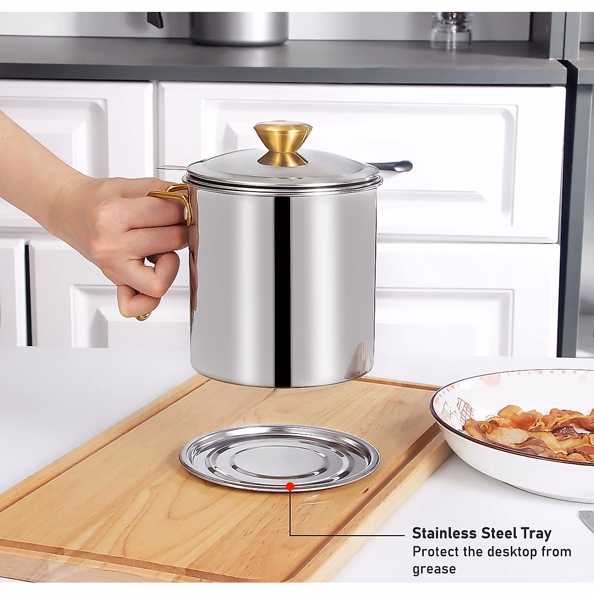 Tellshun Bacon Grease Container with Fine Mesh Strainer 1.8 L / 60 oz Stainless Steel Cooking Oil Keeper with Lid and Tray Gold Handle Suitable for Storing Hot Frying Oil Fat and Cooking Grease
