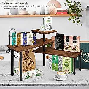 BCOZLUX Kitchen Countertop Organizer, 3 Tier Corner Counter Shelf with Metal Hooks, Bathroom Counter Organizers and Storage, Tiered Wood Spice Rack, Rustic Brown and Black