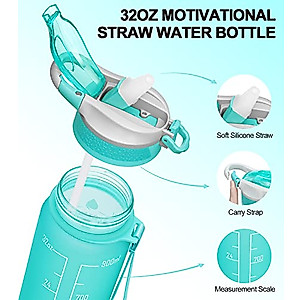 ELYPHINE 32/24 oz Water Bottles with Removable Straw & Time Marker, Motivational Sports Bottles with BPA Free Tritan Material, Leakproof Water Jug for Fitness