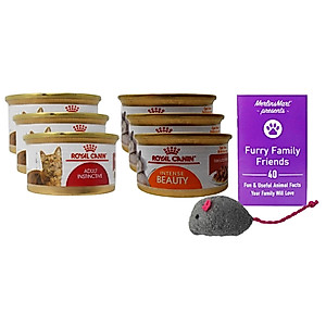 Royal Canin Slices in Gravy Cat Food 2 Flavor 6 Can Sampler, (3) Each: Adult Instinctive, Intense Beauty (3 Ounces) - Plus Catnip Toy and Fun Facts Booklet Bundle