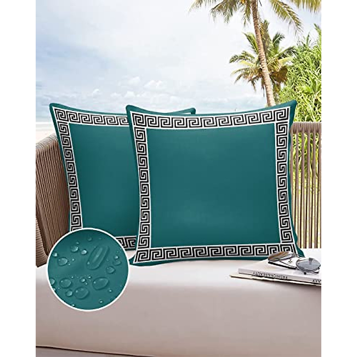 Turquoise Outdoor Pillow Covers 18 x 18 Inches, Black Modern Geometric Abstract Art Aesthetics Waterproof Throw Pillow Cover Set of 2, Home Decorative Square Cushion Covers for Patio/Tent/Couch/Garden