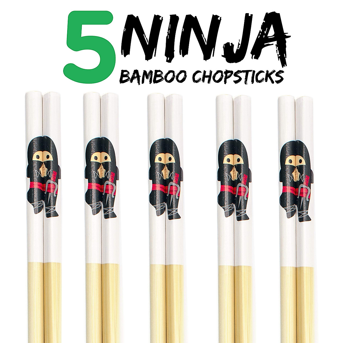 GAMAGO Ninja Bamboo Chopsticks Set-5 Pairs of Adorably Cute Reusable Chop-Sticks-Easy Grip, Lightweight, Durable, 9.25 Inches, Red