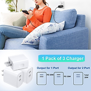 20W USB C Wall Charger Block, Costyle 3 Pack Dual Port USB C Charging Block Brick, Double C Type Charger Block for iPhone 15 Pro 15 Plus 11 12 13 14 15 Pro Max XS XR iPad Airpods Pro(White)