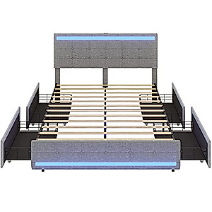 ADORNEVE Queen Bed Frame with LED Lights Headboard Footboard, Platform Bed Frame with 4 Drawers and 2 USB Charging Station, LED Bed Frame with Storage, No Box Spring Needed, Light Grey