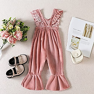 Toddler Baby Girl Ruffle Velvet Overalls Suspender Flare Pants Christmas One-piece Jumpsuit Bell Bottom Trousers (Pink , 6-12 Months )