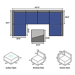 Devoko 7 Pieces Wicker Patio Furniture Set Rattan Outdoor Furniture Sectional Sofa Backyard Furniture Outdoor Couch with Updated Metal Feet (Blue)