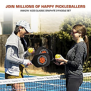 Amazin' Aces Classic Graphite Pickleball Paddles Set of 2 with 4 Pickleball Balls, Lightweight, Black Pickleball Rackets with Soft, Nonslip Comfort Grip Handles & Protective Portable Pickleball Bag
