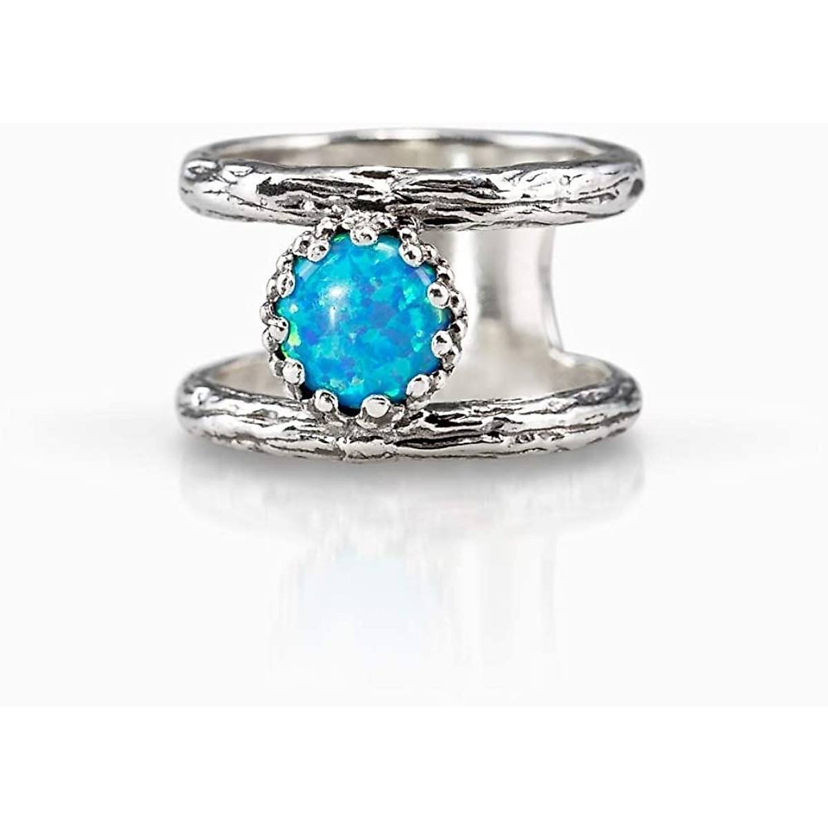 Joolala Ocean of Round Blue Fire Opal 925 Sterling Silver Oxidized Finish Party Band for Women and Teen Girls, Size 9