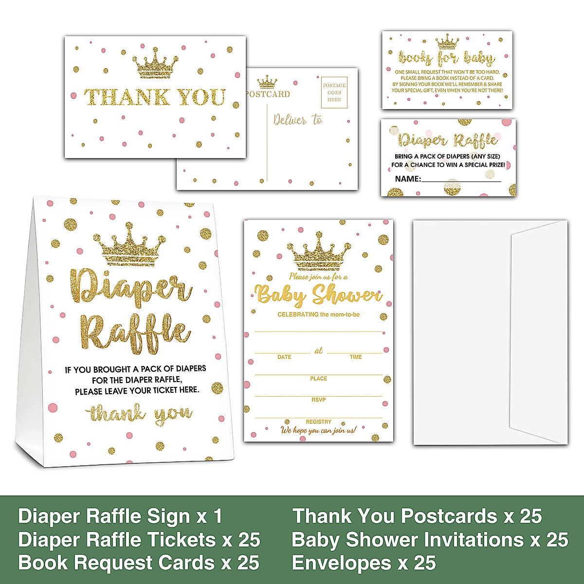 Baby Shower Cards Kit,A Little Princess Set of 25 Baby Shower Invitations with Envelopes, Book Request Cards for Baby Shower,Pink & Gold Baby Shower Party Favor Decoration(11)