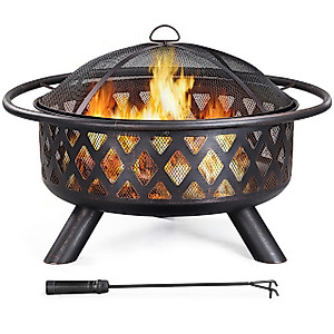 Yaheetech Fire Pit 36in Outdoor Wood Burning Fire Pits Wood Large Fire Bowl for Outside BBQ Bonfire Patio with Mesh Spark Screen, Poker and Rain Cover