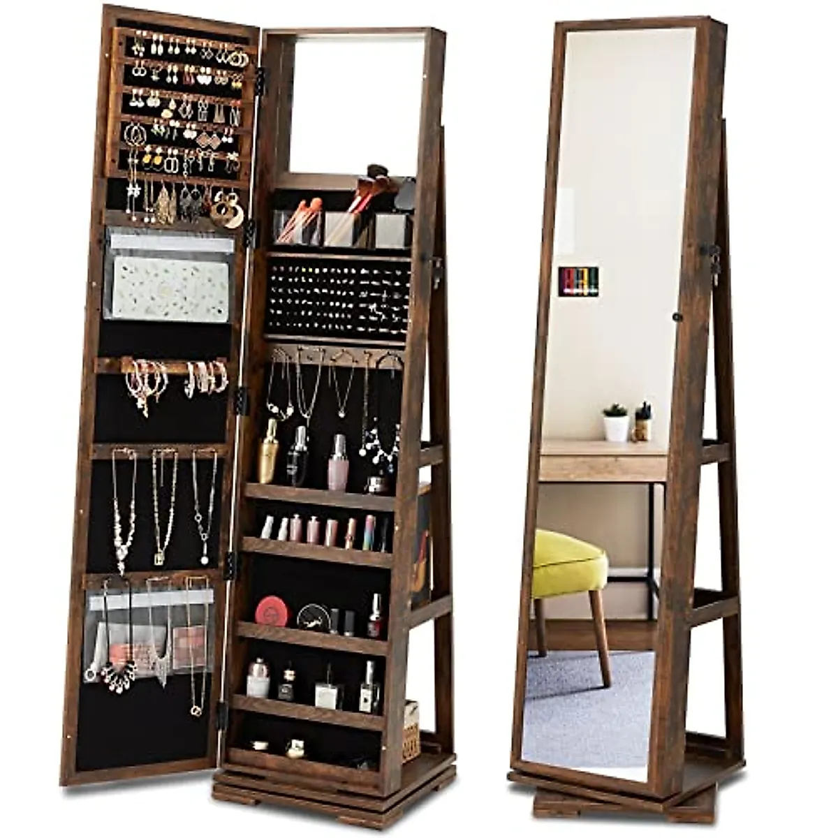 ACIPENSER Rotating Jewelry Armoire Cabinet, Standing Lockable Jewelry Cabinet Organizer w/Full Length Mirror, Large Storage Capacity, Built-in Makeup Mirror & 3-Tier Back Shelves, Rustic Brown