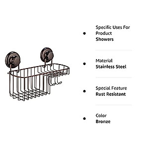 HASKO accessories - Powerful Vacuum Suction Cup Shower Caddy Basket for Shampoo - Combo Organizer Basket with Soap Holder and Hooks - Stainless Steel Holder for Bathroom Storage (Bronze)