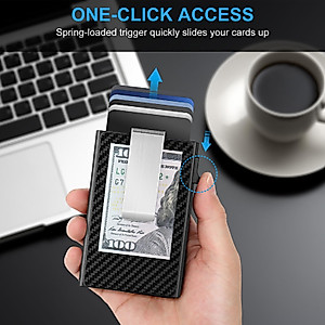 Minimalist Wallet for Men - with Money Clip, Slim Wallet Card Case Holder, Aluminum Pop Up Wallets with Gift Box, Metal Mens Wallet, RFID Blocking, Top-Grade Carbon Fiber Leather | 8 Card Capacity