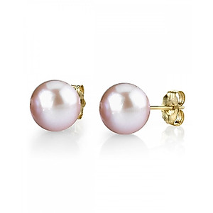 THE PEARL SOURCE Round Pink Freshwater Real Pearl Earrings for Women - 14k Gold Stud Earrings | Hypoallergenic Earrings with Genuine Cultured Pearls, 7.0-7.5mm
