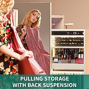 YITAHOME Jewelry Mirror Cabinet with Lights Full Length Mirror Jewelry Armoire LED Jewelry Organizer with 1 Coat Hanger, 4 Hooks, Standing Jewelry Armoires with Storage Shelves