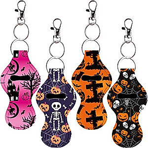 Duufin 24 Pieces Chapstick Holder Halloween Keychain Holder Lipstick Key Ring Holder Chapstick Keychain Holder with 24 Pieces Metal Clip Cords for Chapstick Tracker and Safeguard, 24 Halloween Style