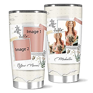 AizelMae Personalized Coffee Tumbler, Customized Name Text, Lovely Flower Photo Picture Frame Tumblers, Design Your Own Travel Mugs, Gifts For Women Men On Birthday, 20 30 Oz Stainless Mug Cup