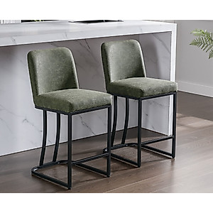 VESCASA 24" H Counter Height Barstools with Back, Mid Century Modern Faux Leather Upholstered Counter Stool Chairs with Black Metal Frame for Kitchen Island, Bar, Pub, Set of 2, Green