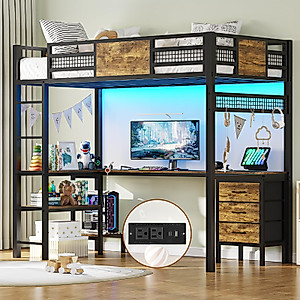BTHFST Twin Loft Bed with L-Shaped Desk, Metal Twin Size Bed Frame with LED Lights & Charging Sation, 3 Fabric Drawers, 2-Tier Storage Shelves, Safety Guard & Ladder, No Box Spring Needed