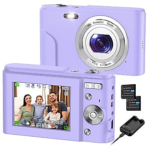 Digital Camera, RUAHETIL FHD 1080P 36MP 2.4 Inch LCD Vlogging Camera for Kids, 16X Zoom 2 Charging Modes Kids Compact Camera Point and Shoot Camera for Kids Teens Students Beginners（Purple）