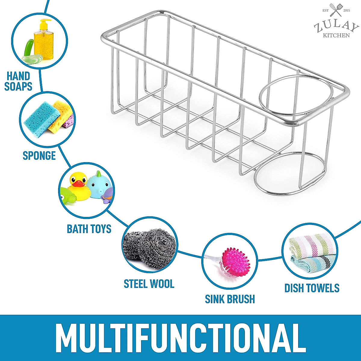 Zulay 2-in-1 Sponge Holder for Sink - Stainless Steel Kitchen Sink Sponge Holder with Extra Strong Adhesive - Rust Proof Dish Brush Holder & Dish Sponge Holder - Solid Sponge Caddy Sink Organizer