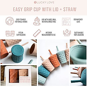 Lucky Love Silicone Sippy Cup With Straw | Easy Grip Baby Cups 6-12 Months + Toddler Cups Spill Proof With Lid & Straw (2 Pack - Blue + Green Silicone Cup)