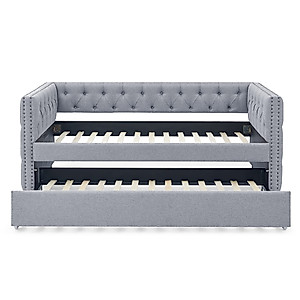 DS-HOMEPORT Daybed with Trundle, Upholstered Tufted Twin Sofa Bed with Button and Copper Nail on Square Arm (Grey)