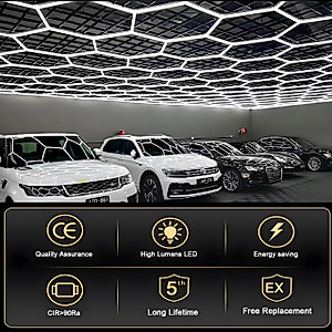 LED Hexagon Garage Light,14Hexagon Honeycomb Lights 600W 66000 Lumens Hexagon Garage Light with T5 Tube Rectangle Aluminum Frame 6500K for Garage,Auto Beauty Shop,Car Detailing Shop