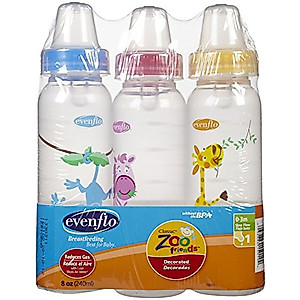 Evenflo Zoo Friends 3 Count Standard Nipple Bottle, 8 Ounce (Colors May Vary)