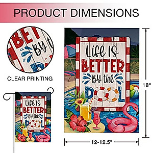 Hzppyz Life is Better by the Pool Summer Garden Flag Double Sided, Flamingo Juice Decorative Yard Outdoor Small Decor Burlap Home Outside Decoration 12 x 18