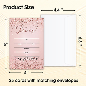 Set of 25 All Occasion Rose Gold Invitations with Envelopes- Join us Invitations, Pink Gold Invites for Bridal Shower Wedding Engagement Birthday Retirement Grad Fill in Style Invites Cards -006