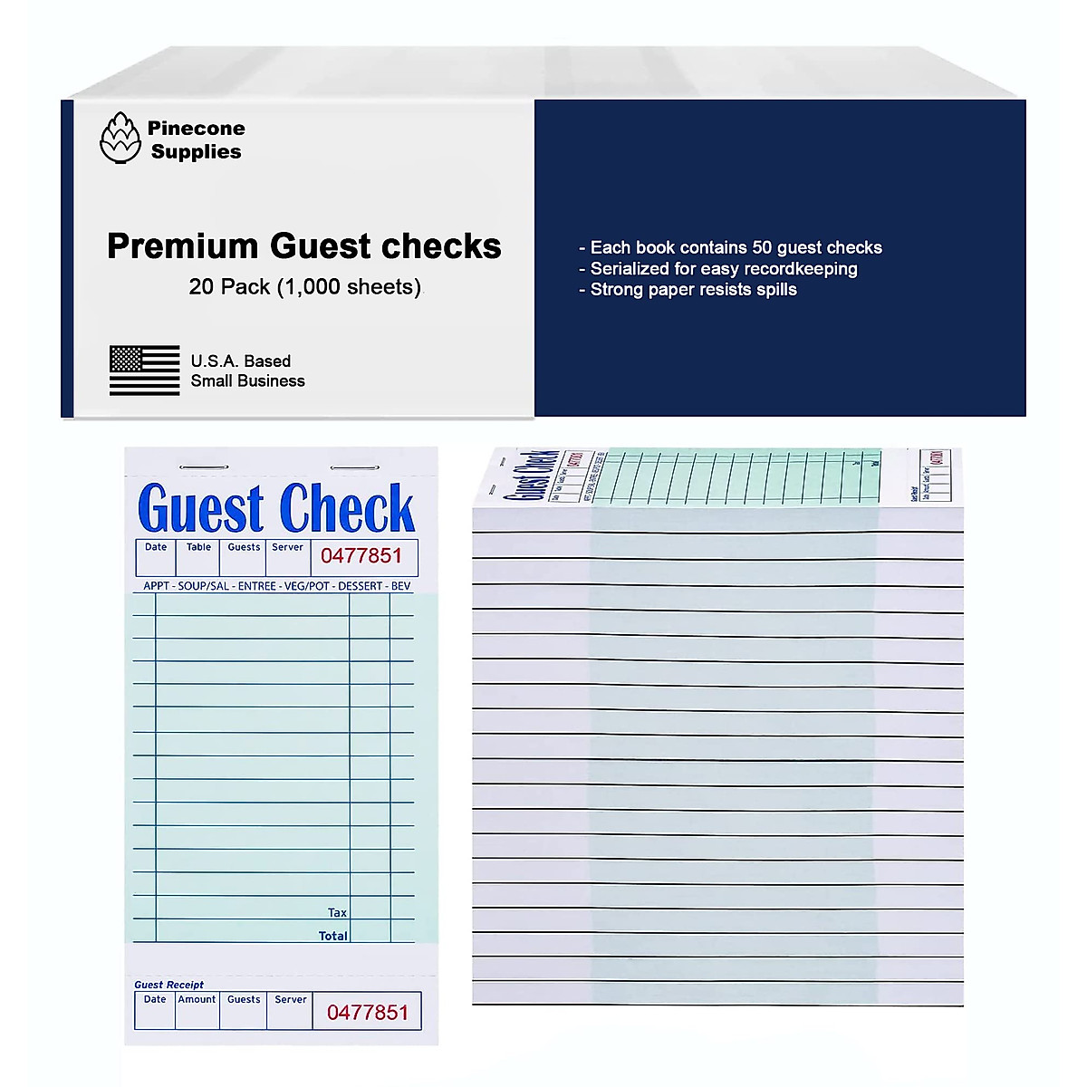 Guest Check Books For Servers 20 Books (1,000 Sheets) - Thick, Bleed Resistant Paper | 1 Part Green Paper Waitress Notepad with Guest Receipt | Server Books For Waitress