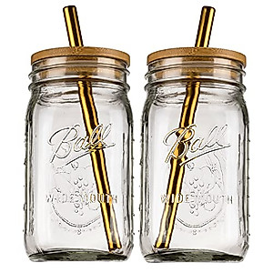 Reusable Boba Bubble Tea & Smoothie Cups - 2 Glass Wide Mouth 32oz Mason Jars with Bamboo Lids - 2 Reusable Gold Stainless Steel Boba Straws