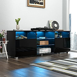 LED TV Stand for 65 inch TVs, Modern TV Stand with LED Lights and High Glossy Cabinets, Game Console Entertainment Center with Storage Shelves and Media Layers for Living Room Bedroom (Black, 57inch)…