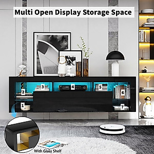 Gitua Floating TV Stand Wall Mounted, High Gloss LED Floating Entertainment Center with Storage&Adjustable Glass Shelf, TV Stand for 65 Inch TV, Gaming Media Center Console Table with Lights, Black