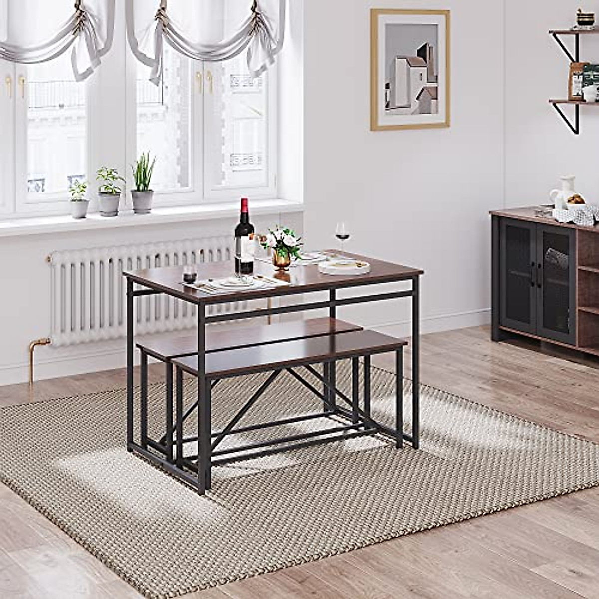 Panana 3 Piece Dining Room Table Set 43 Inch Kitchen Table with Two Benches Breakfast Table Top with Sew Kerf Finish Metal Frame Dining Room Home Rustic Brown