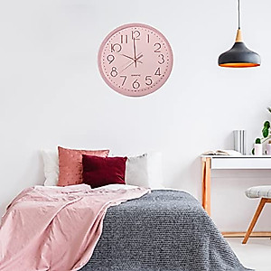 JUSTUP Round Wall Clock, 12 Inch Pink Large Wall Clock for Bedroom, Quality Quartz Modern Silent Clock with Battery Operated, Arabic Quiet Wall Clock Decor for Home Kitchen Living Room Office (Pink)