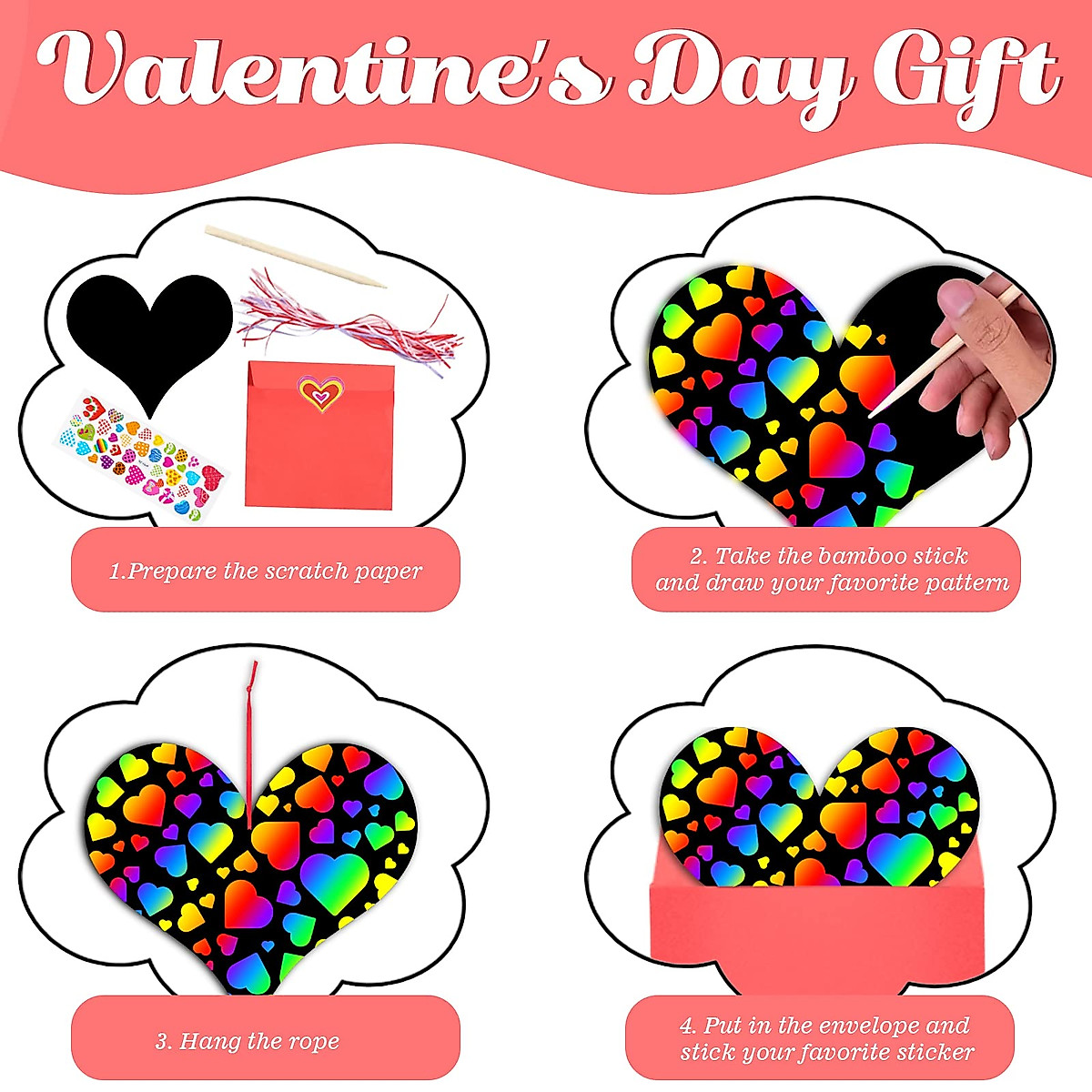 Natonhi 36 Pack Valentines Day Gifts Card for Kids,Heart Rainbow Scratch Art Paper Valentine Crafts for Kids Party Favors Classroom Exchange Prizes