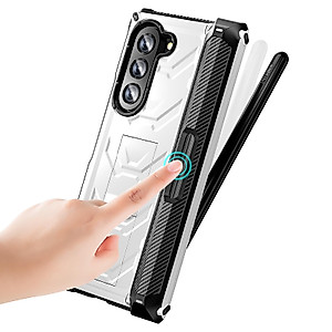 FONREST Rugged Case Armor for Samsung-Galaxy-Z-Fold-5 5G with Built-in [Kickstand] [S Pen Holder] [Screen Protector] [Hinge Protection], Heavy Duty Military Shockproof Protective Cover (White)