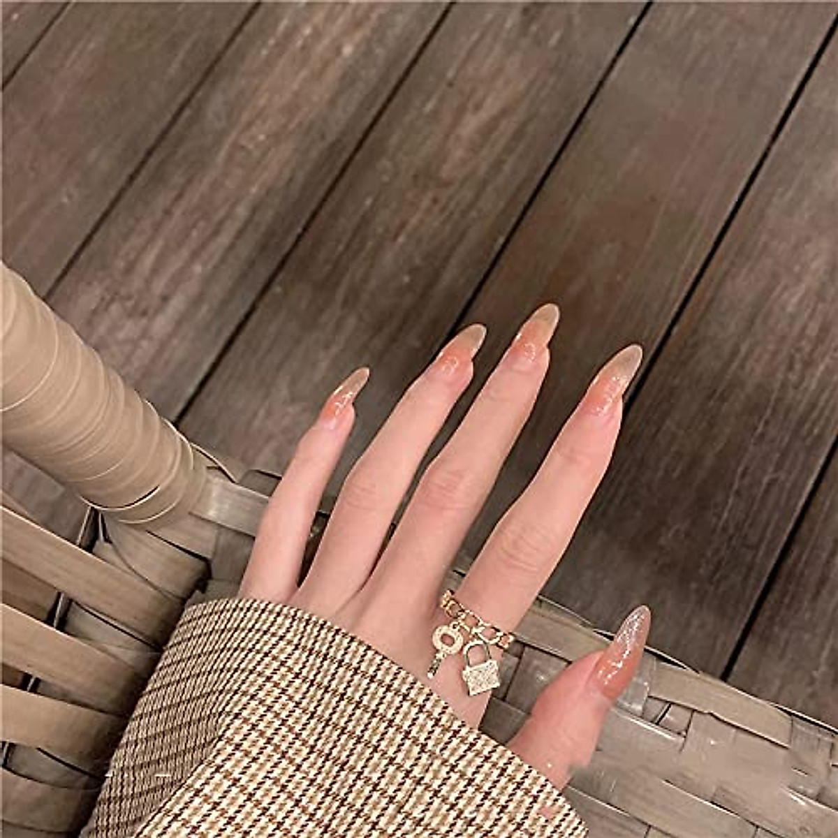 GANGYUN Open Zircon Crystal Lock Key Padlock Cuff Finger Rings for Women Adjustable Punk Infinty Chain Rings Jewelry (Gold)