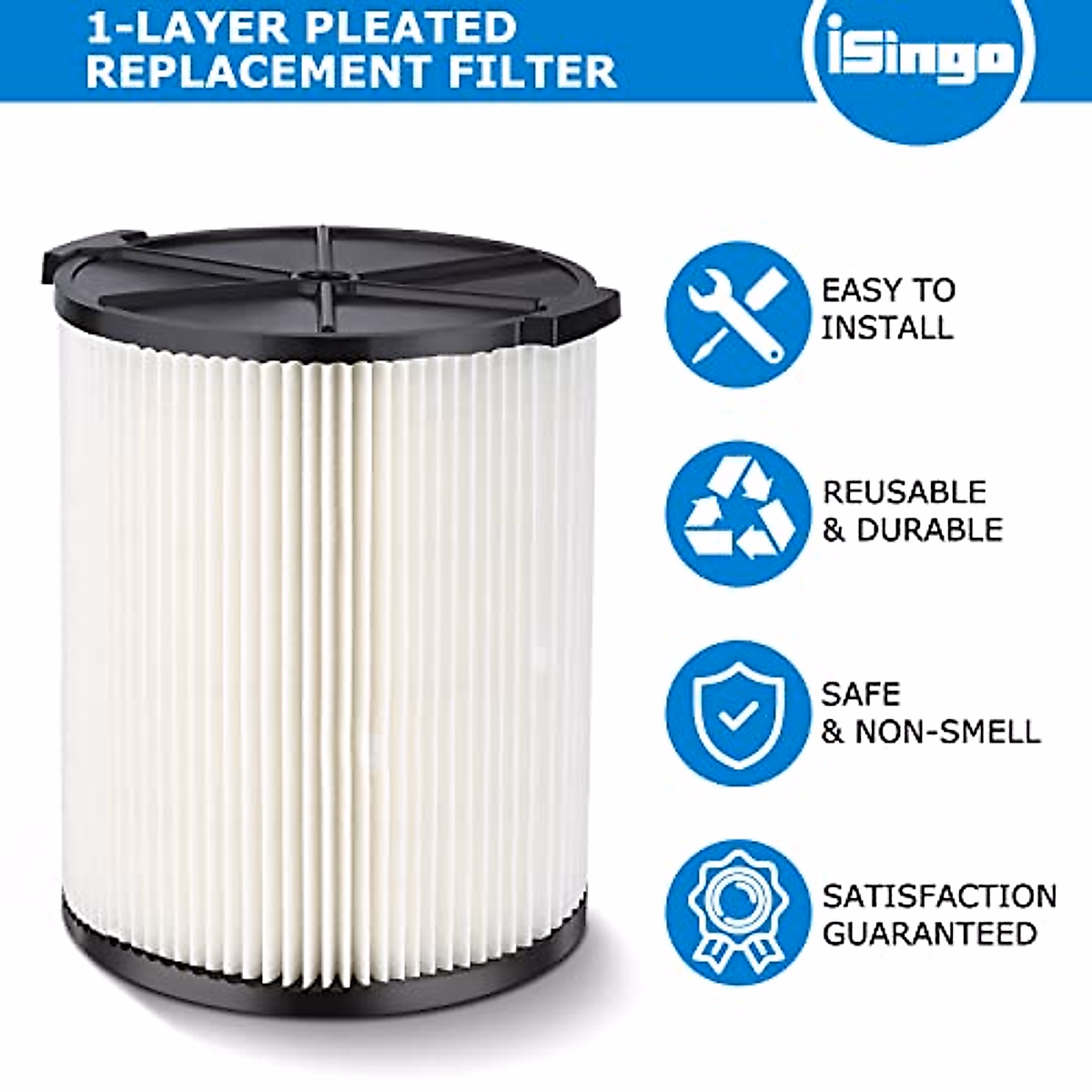 iSingo VF4000 Standard Wet/Dry Vac Filter Compatible with Ridgid 72947 Wet Dry Vacs 5 to 20-Gal, Husky Vacs 6 to 9 Gal, Craftsman 17816 Vacuum, 2 Pack