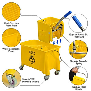 Matthew Cleaning Compact Mop Bucket INCL.2 Pack Mop Head with Side Press Wringer On Wheels,Tandem Portable Floor Cleaning Wavebrake,Ideal for Household,Industrial,Restaurant,Janitorial Use-22 Quart