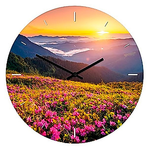 Soul Décor Pink Flower Field Wall Clock, Silent Non-Ticking, Battery Operated Kitchen Clock, Aluminum Composite Face, Suitable for Offices, Bedrooms, and Bathrooms 12 Inch Round