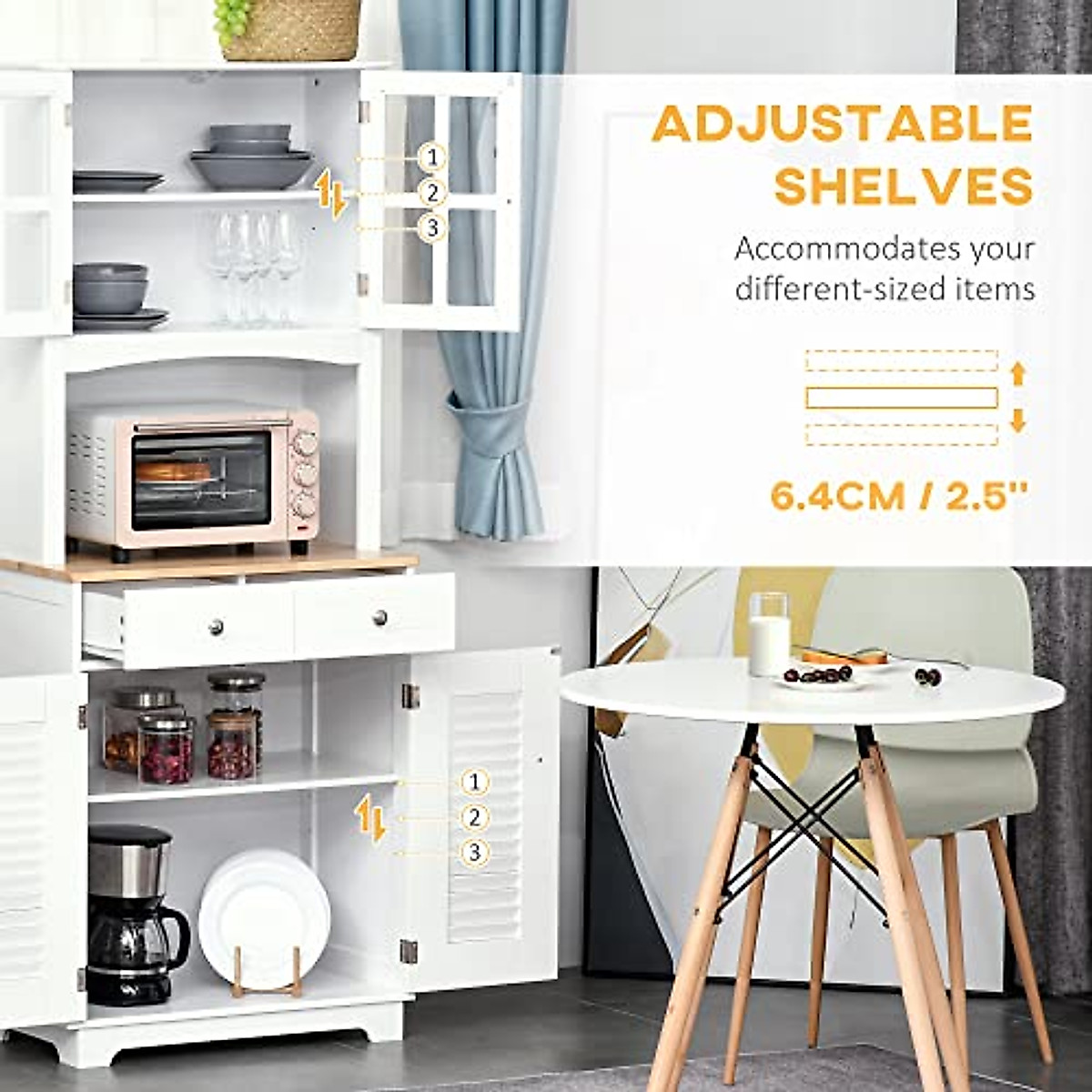 HOMCOM 67" Modern Buffet with Hutch, Louvered Kitchen Pantry Microwave Cabinet with Framed Glass Doors and 2 Drawers, White